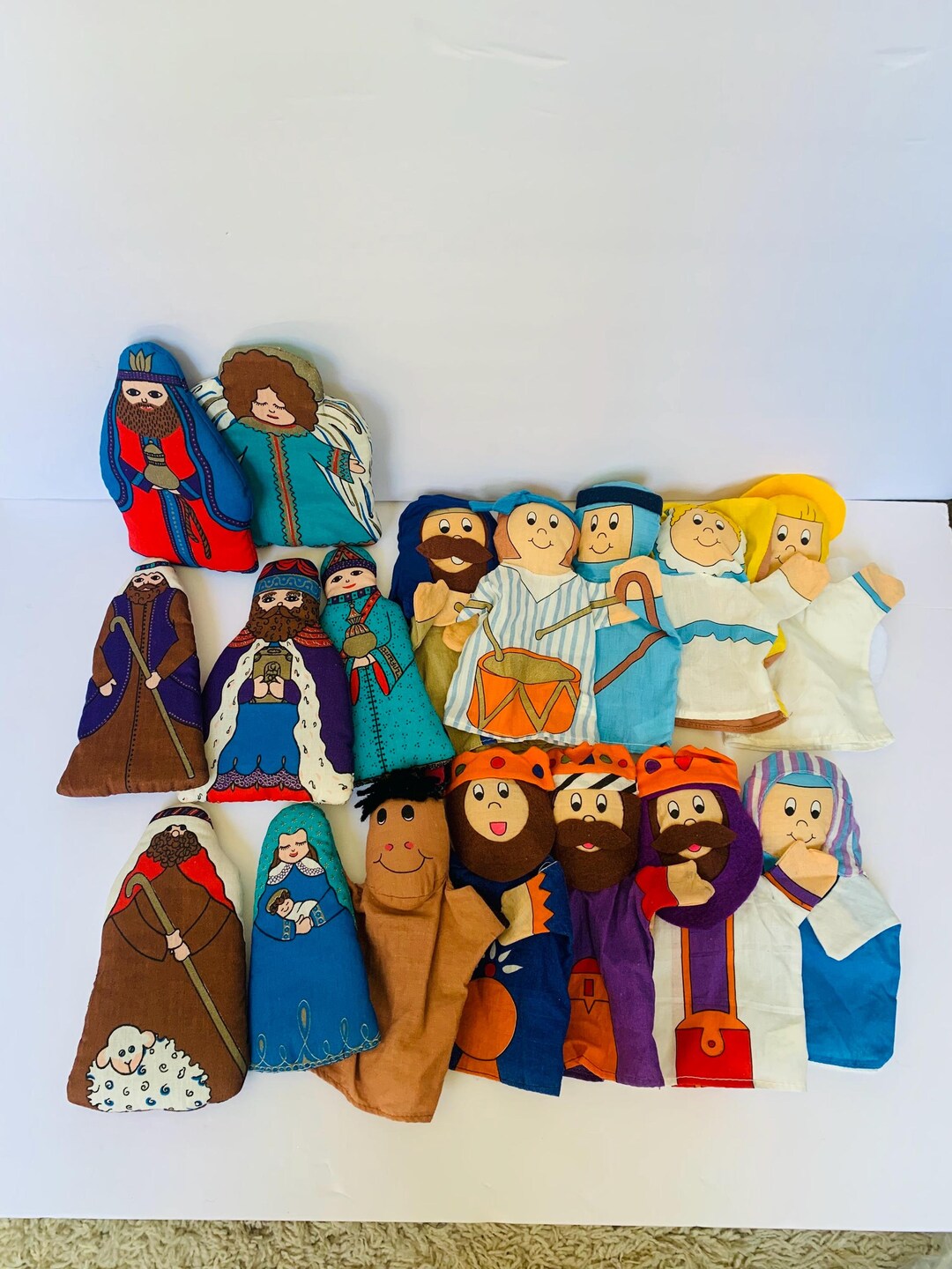 Vintage Fabric Nativity 7 Piece Set and Hand Puppets Nativity 10 Piece ...