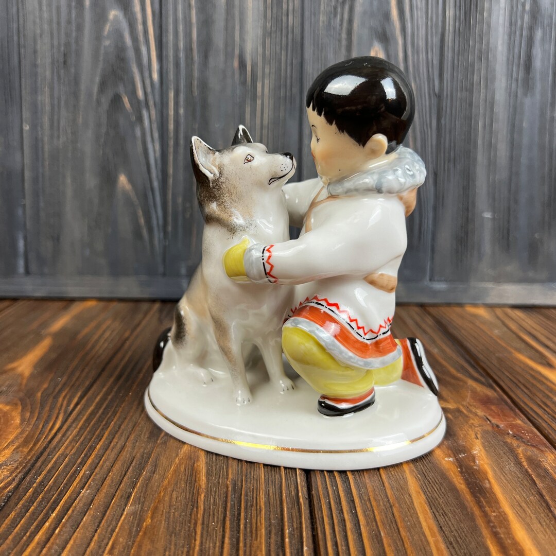 Vintage Lomonosov LFZ Porcelain Yakut Boy With Husky Dog Figurine ...