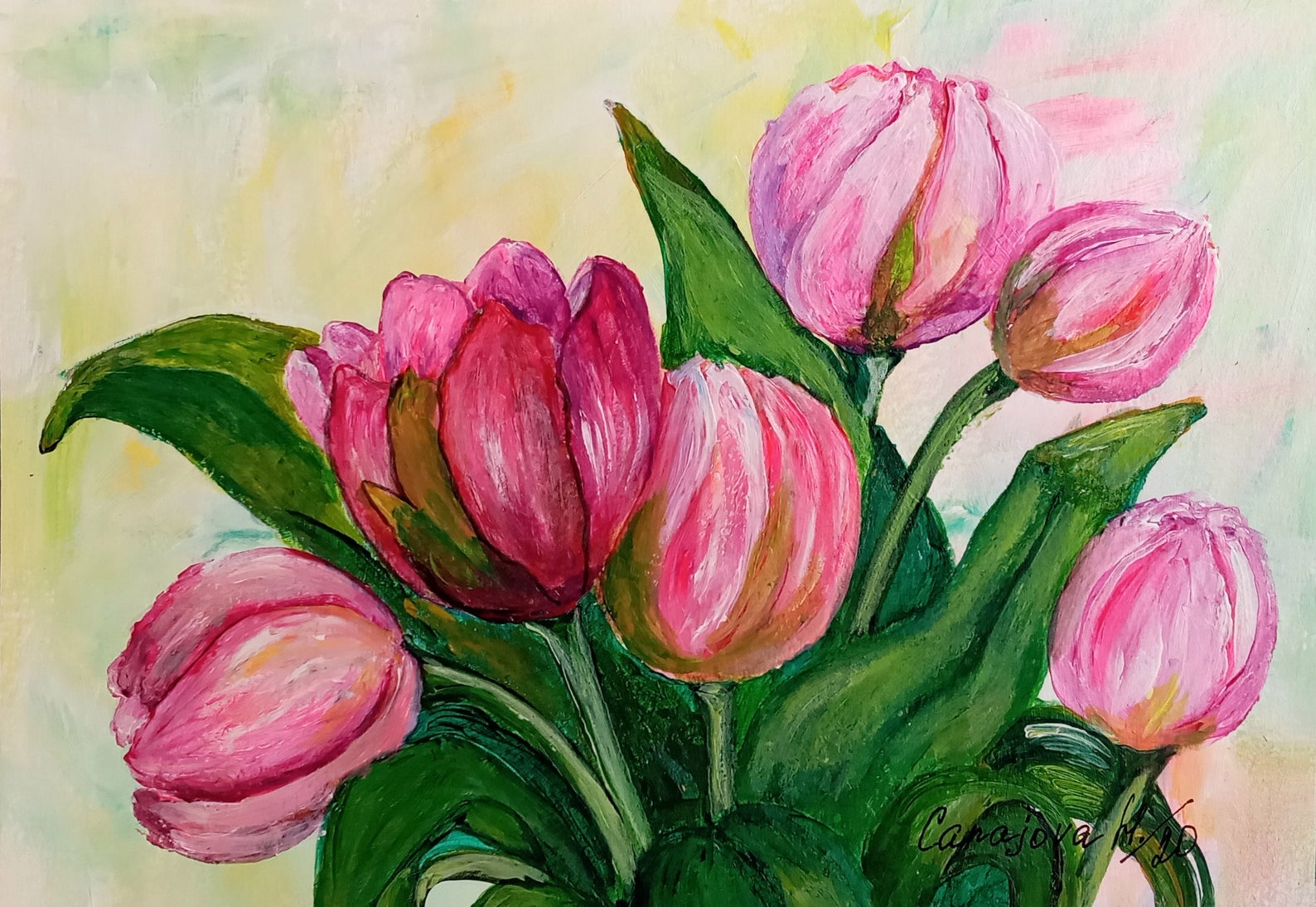 Tulipanes pintura flores rosas Original obra de arte rosa | Etsy