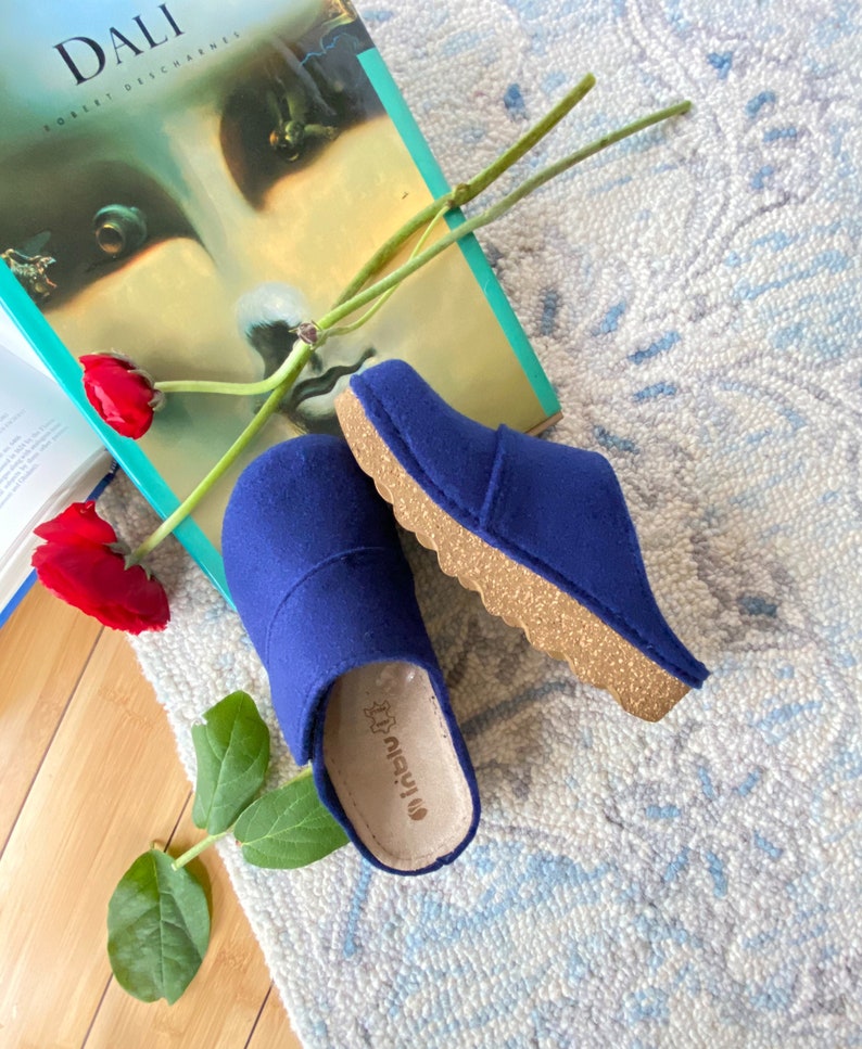 Womens Scandinavian Felt Clogs, Blue Color, Boho-style Slippers, Retro ...
