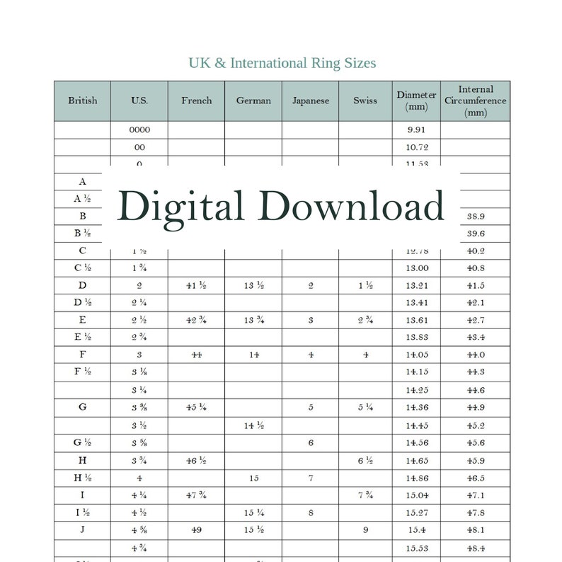 UK & International Ring Size Chart Printable International - Etsy