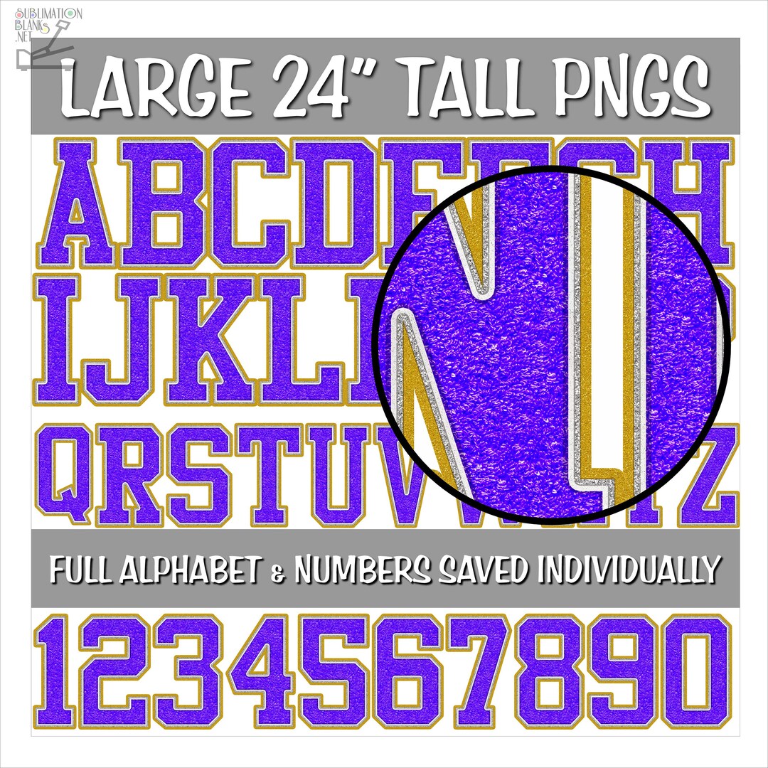 PURPLE GOLD Glitter, CHENILLE Varsity Letters Png Patches Alphabet Font ...