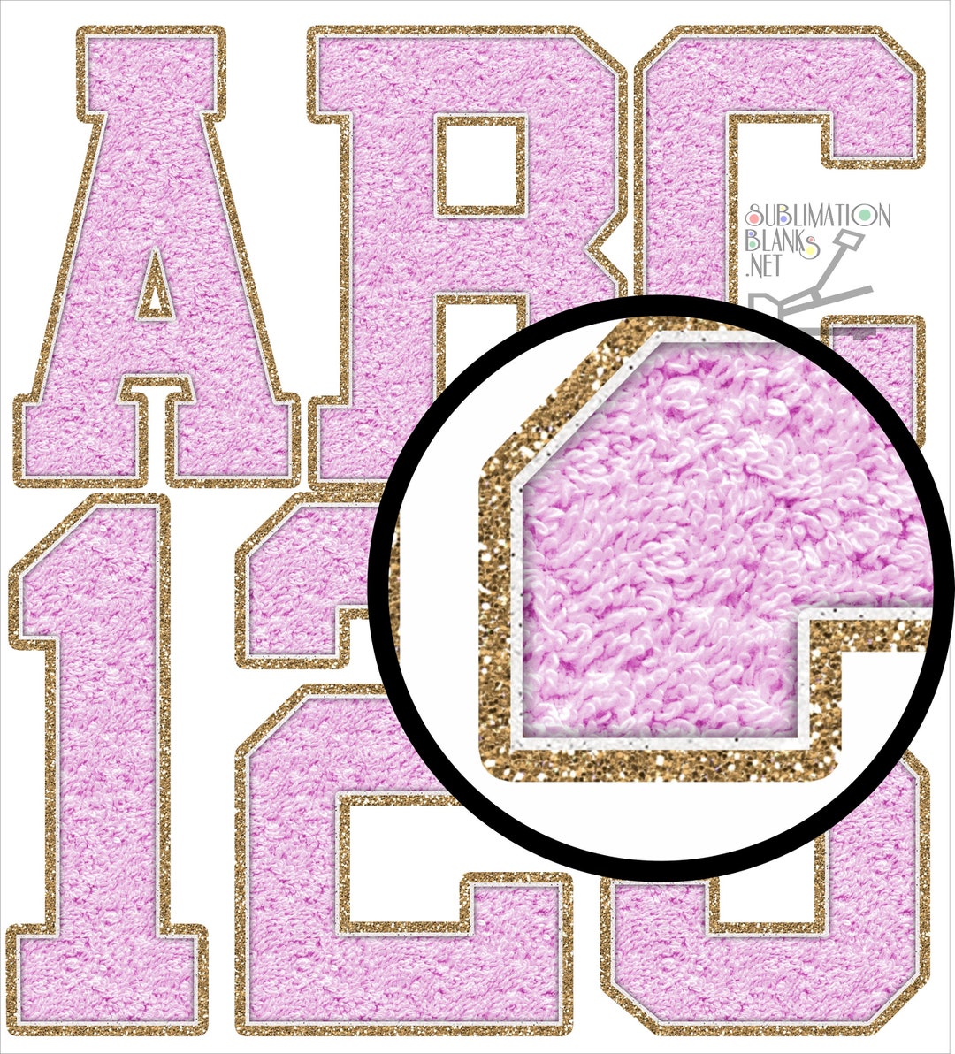 PINK White Gold Glitter CHENILLE Letters PNG Patches Varsity Alphabet ...