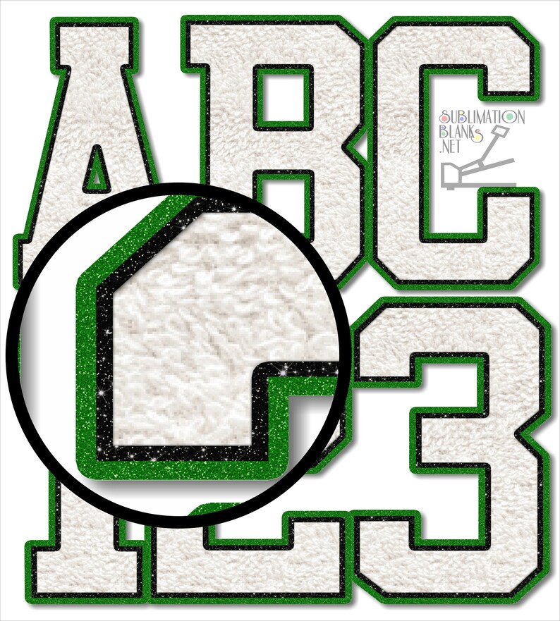 Green White Glitter, CHENILLE Letters, PNG, Patches, Varsity Alphabet ...