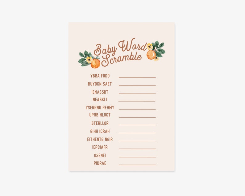 Baby Word Scramble Little Cutie Baby Shower Orange Floral Game ...