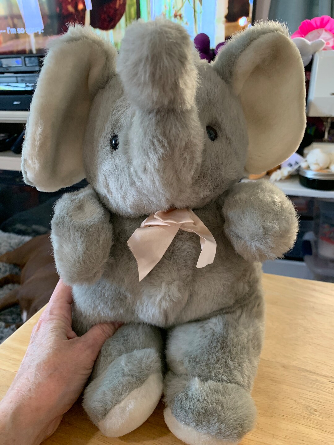 Chosun Grey Elephant Plush With Pink Satin Ribbon Stuffed Animal Plush ...