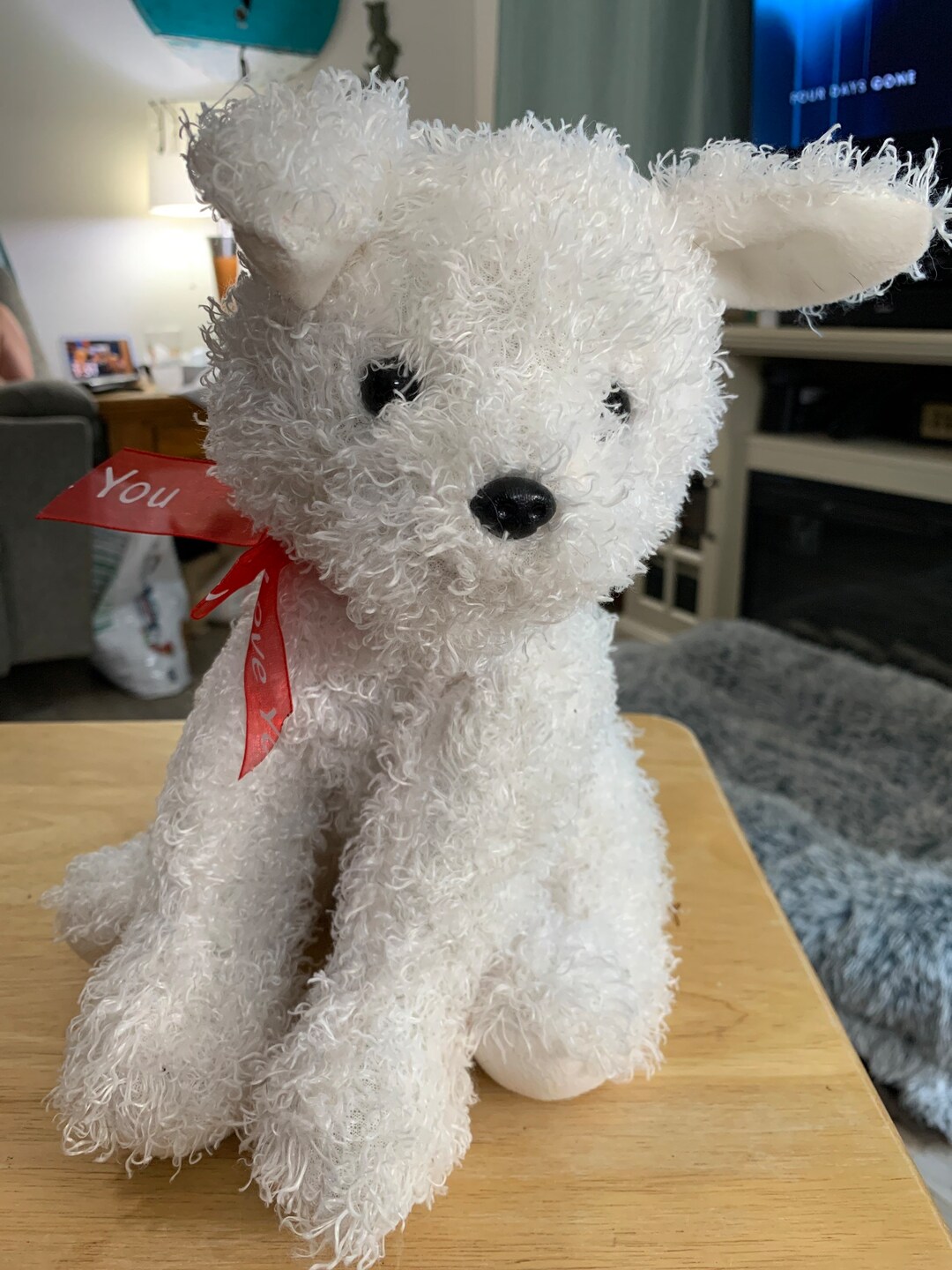 Curly White Goffa Puppy Dog Plush With Red “I Love You” Ribbon Plush - Etsy