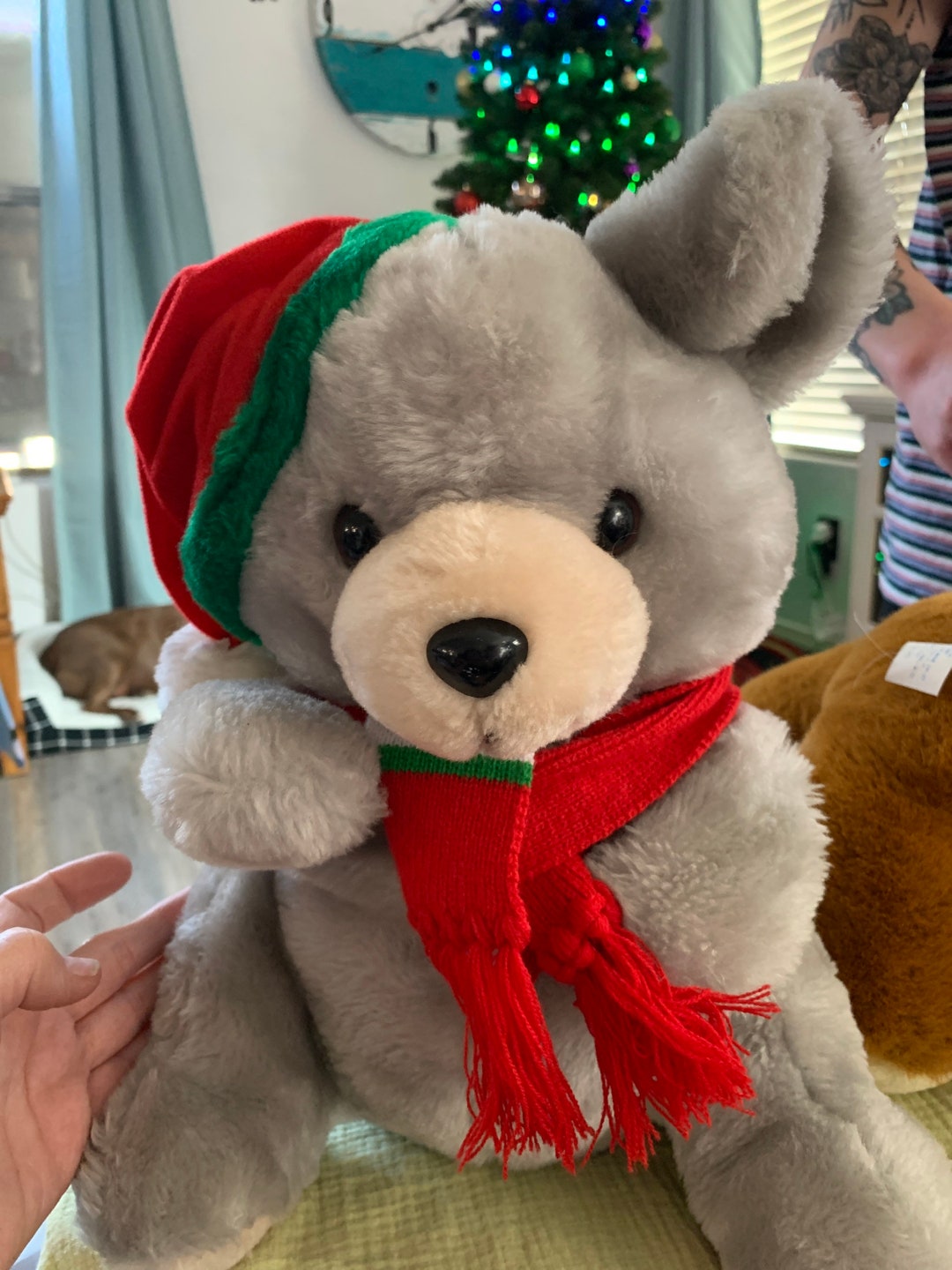 Vintage Cuddle Wit Holiday Gray Mouse Plush With Santa Hat and Scarf ...