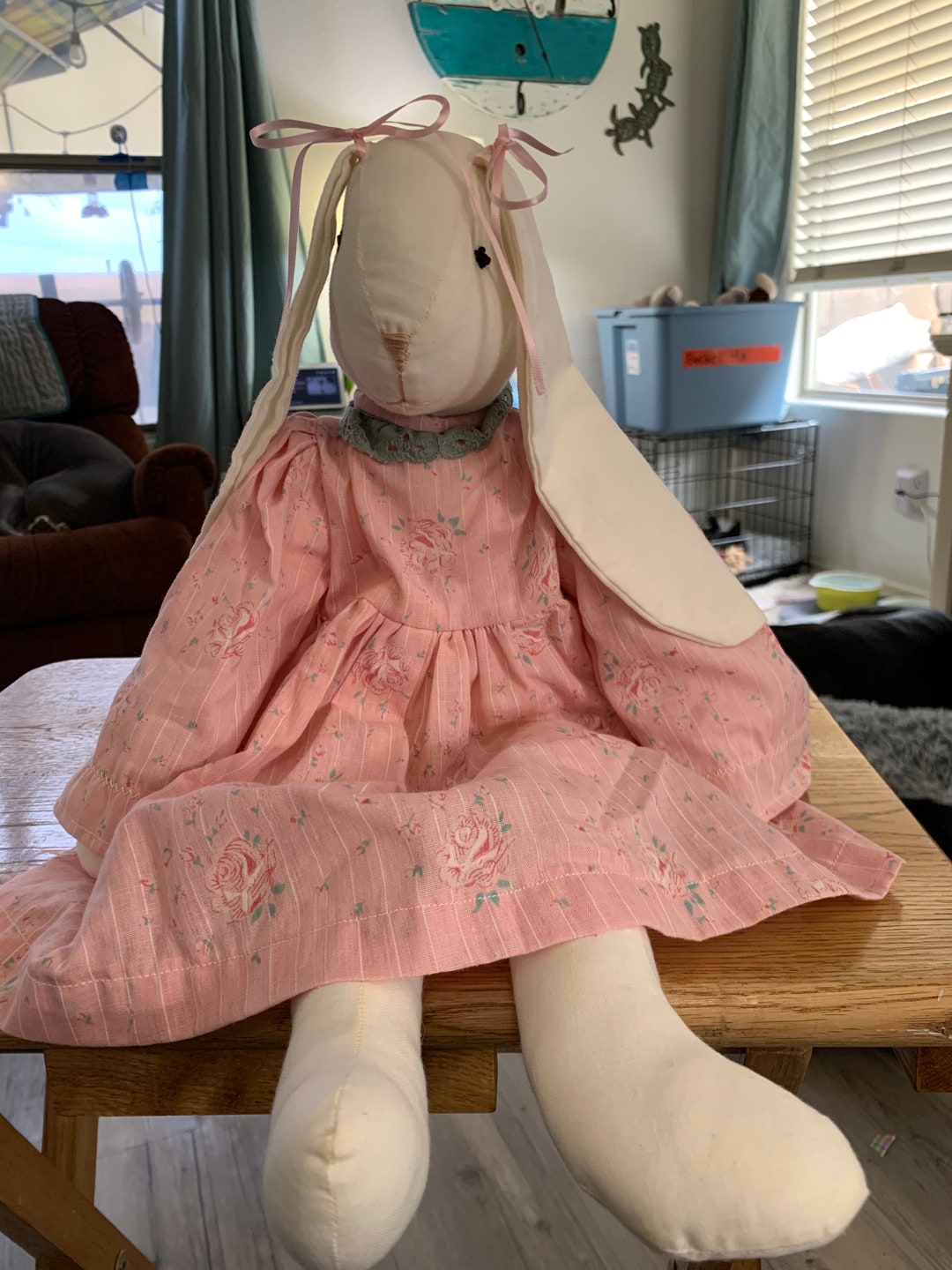 Bunny Rabbit Plush. Girl With Pink Dress and Ribbons. Hand Made and One ...