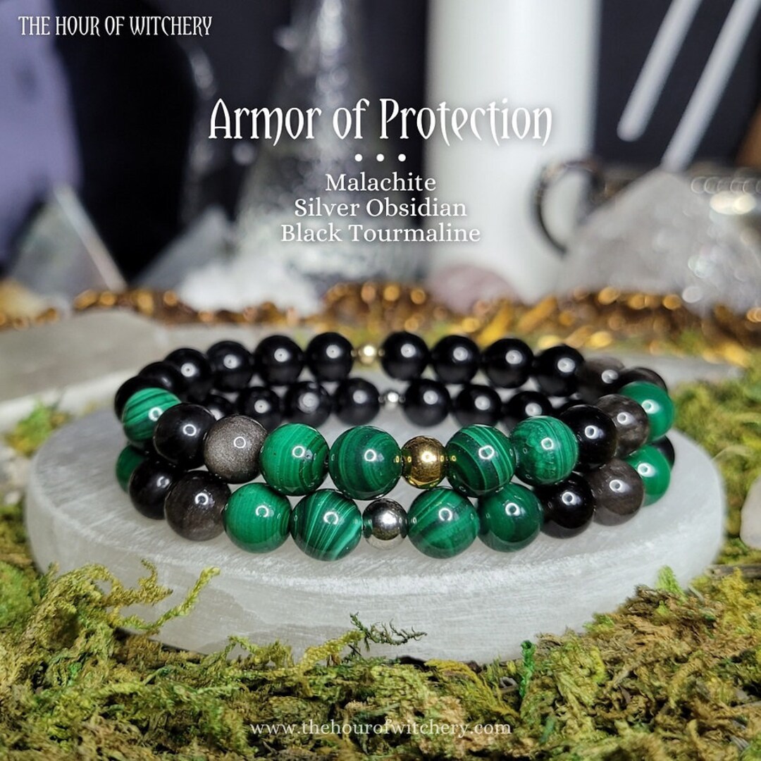 Armor of Protection Bracelet, Malachite, Silver Obsidian, Black ...