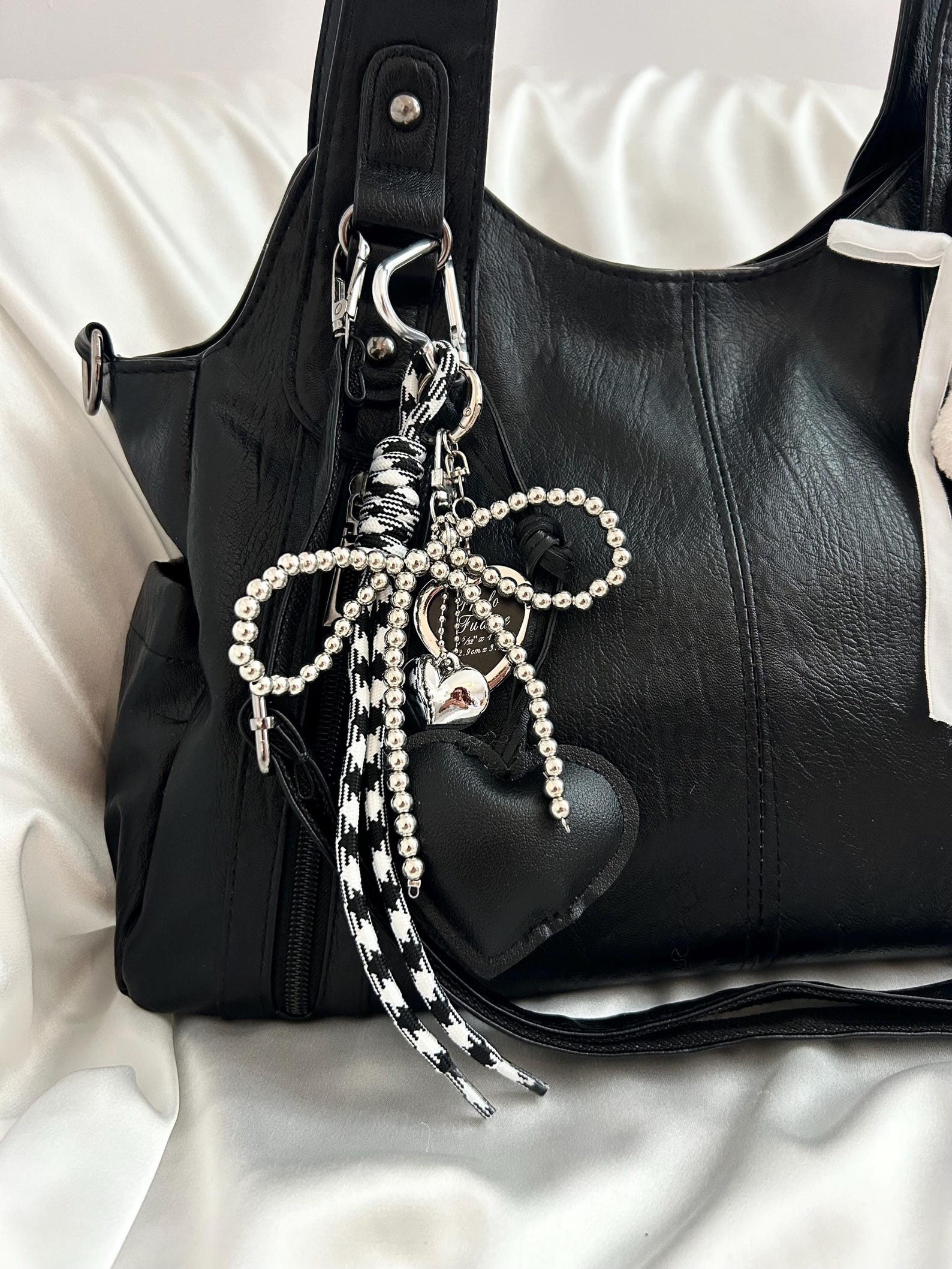 Y2K Black Handbag With Bunny Rabbit Bag Charm Keyring Leather Tote Work ...