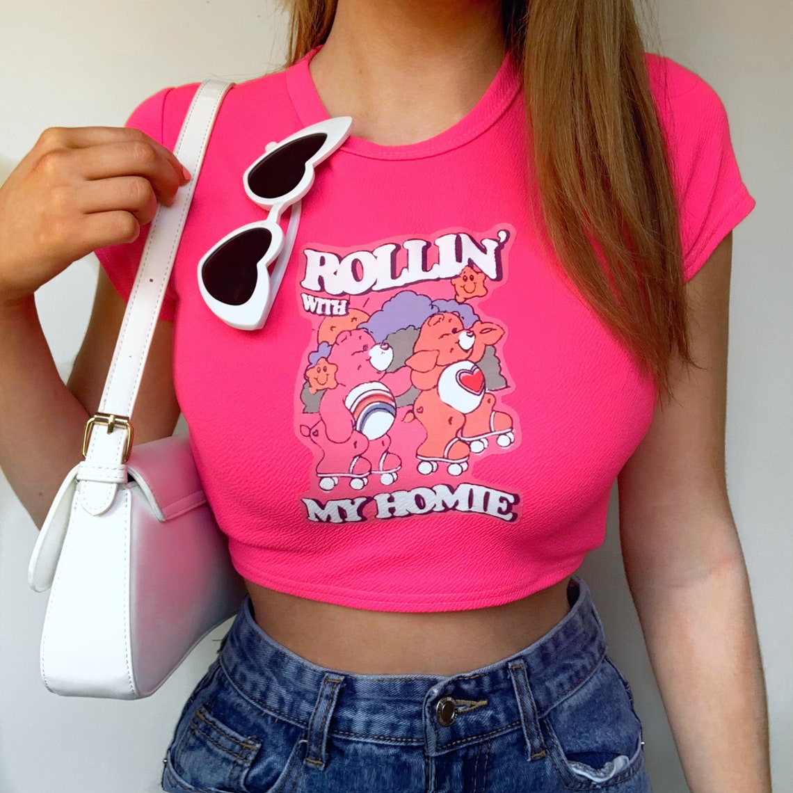 Care Bear Y2k 2000s Crop Top T Shirt Neon Hot Pink Clothing | Etsy
