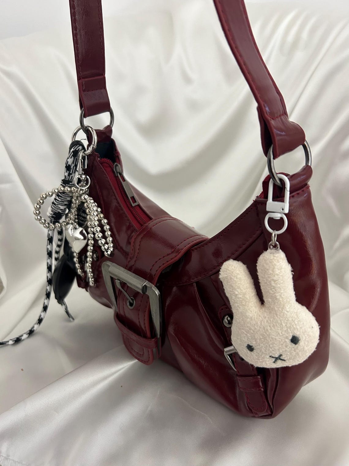 Y2K Shoulder Bag With Bag Charms Red Leather Rope Chunky Charm Plush ...