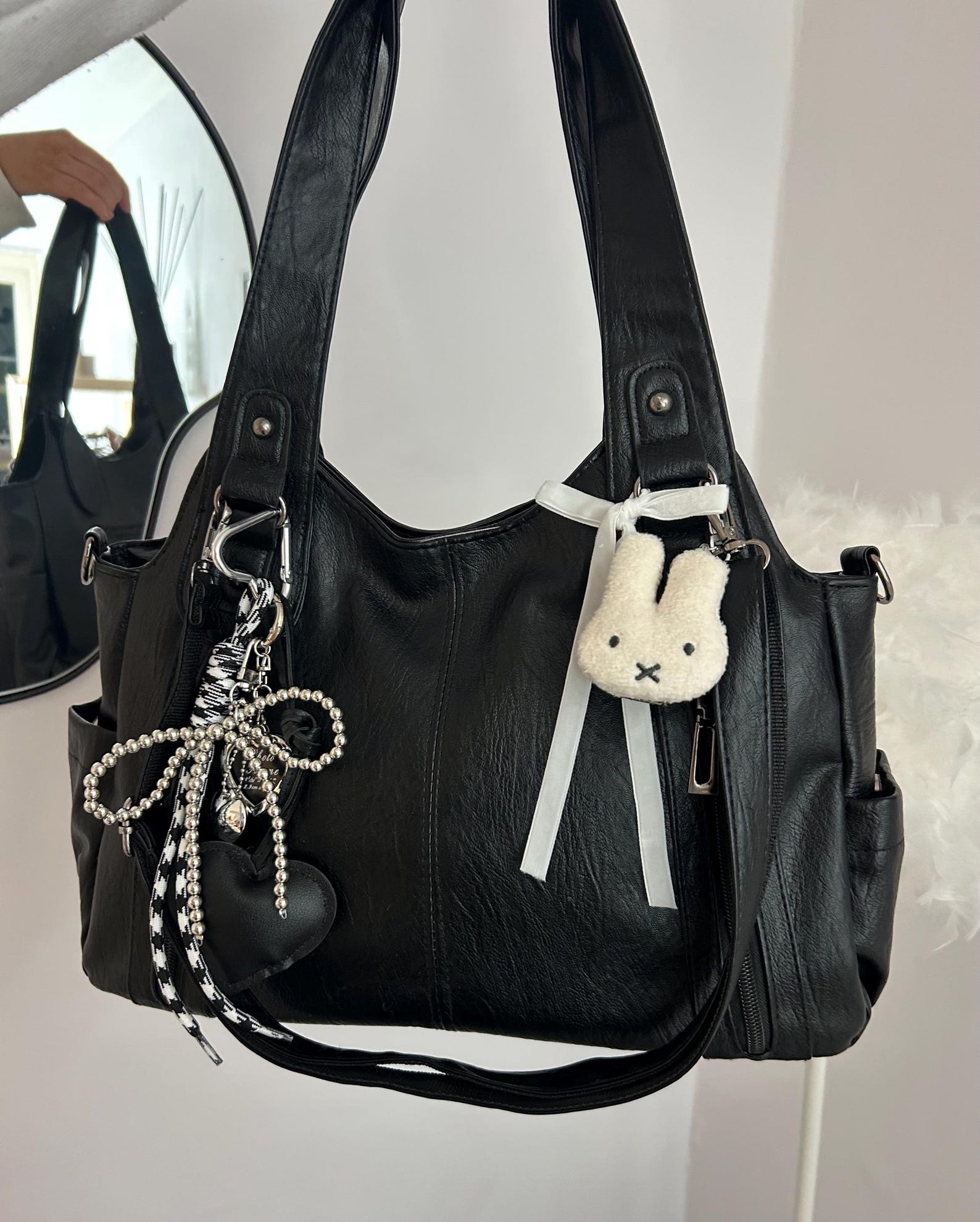 Y2K Black Handbag With Bunny Rabbit Bag Charm Keyring Leather Tote Work ...