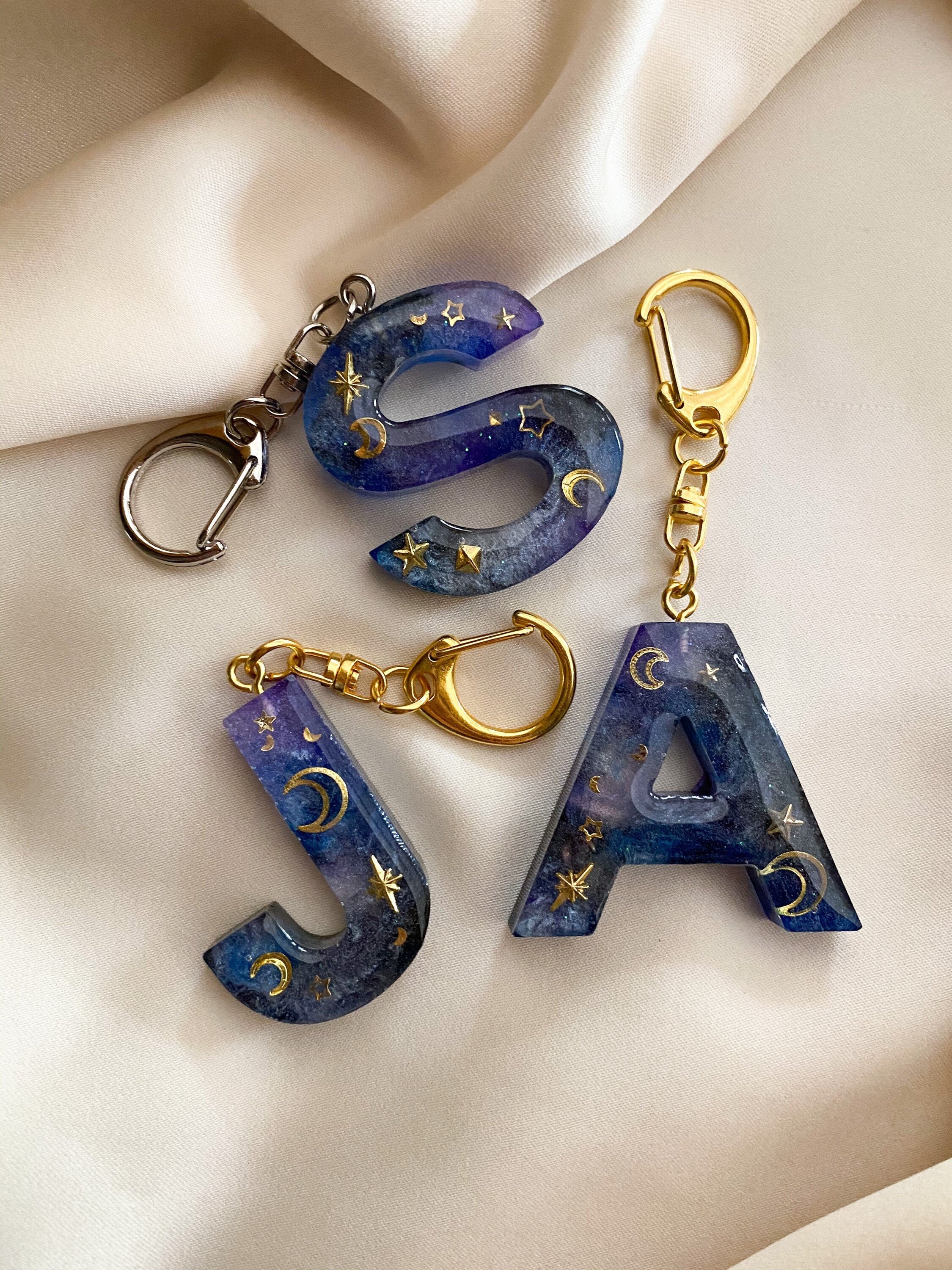 Galaxy Keychain, Moon and Stars, Initial Letter Resin Keychain, Milky ...