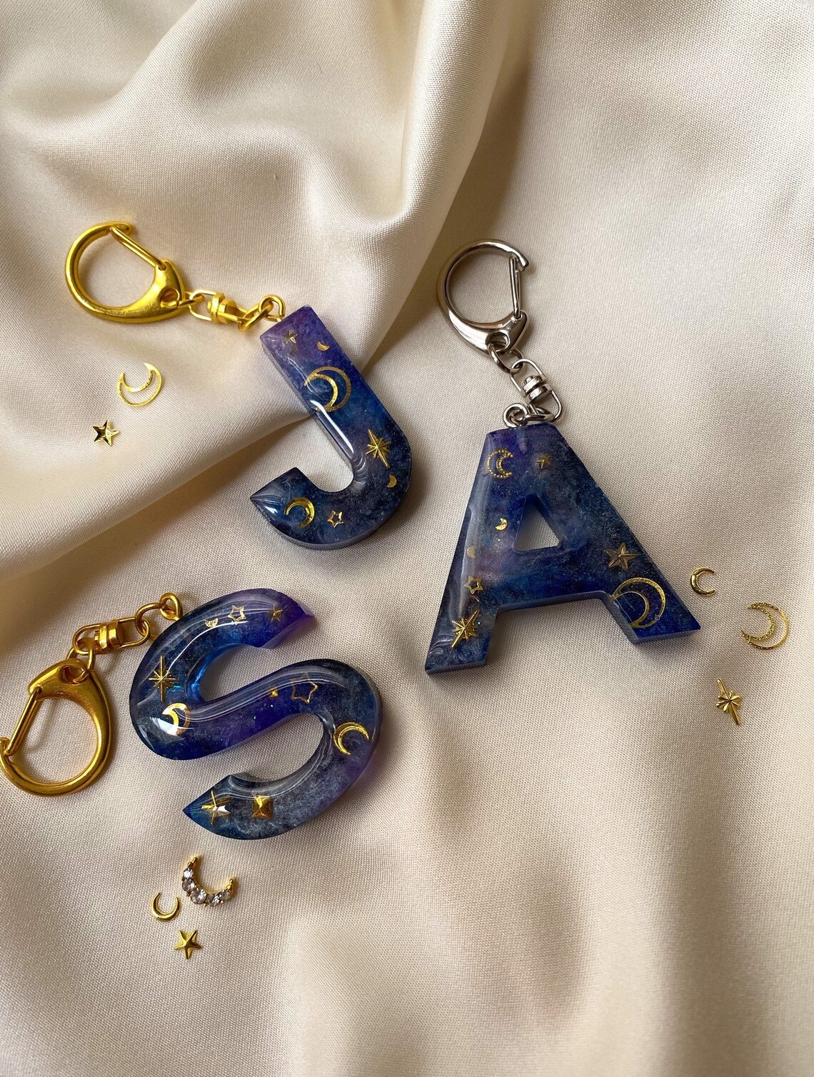 Galaxy Keychain Moon and Stars Initial Letter Resin | Etsy