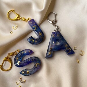 Galaxy Keychain, Moon and Stars, Initial Letter Resin Keychain, Milky ...