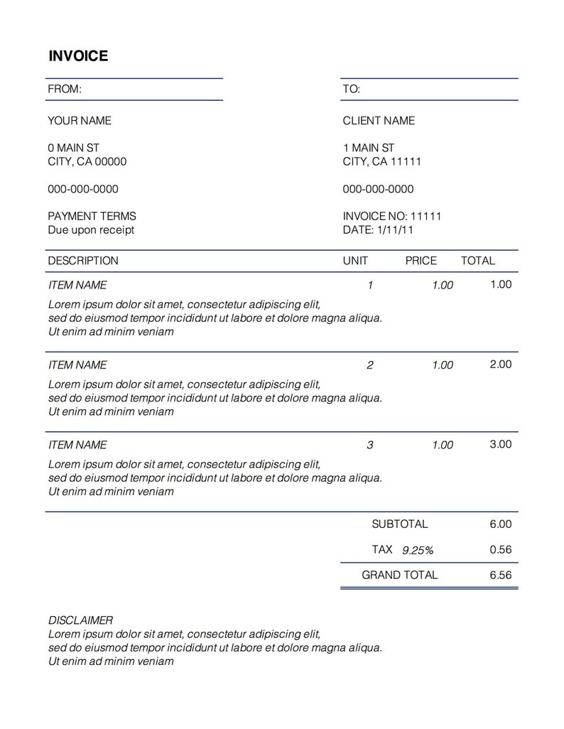 Invoice Template Printable Excel Worksheet - Etsy