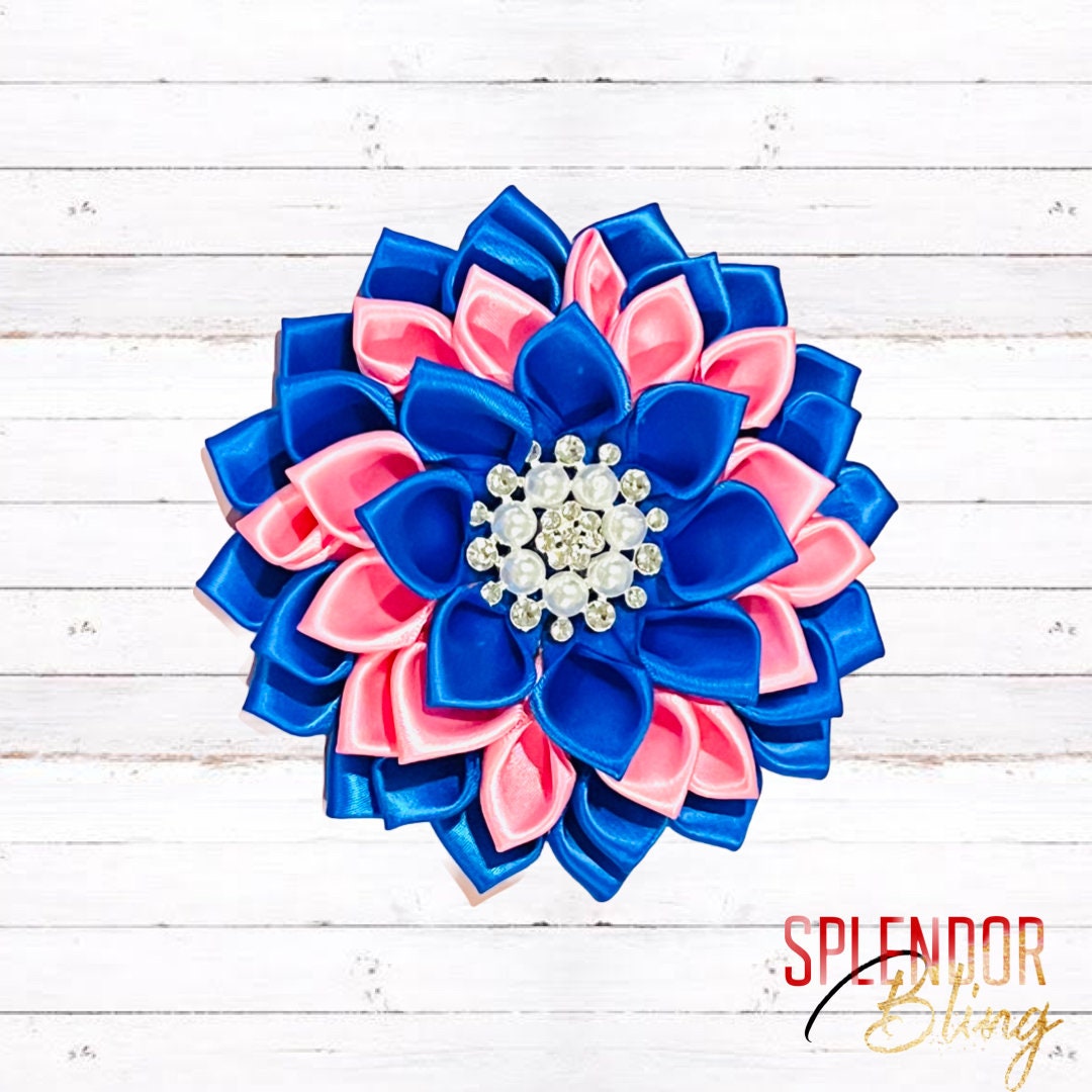 JJOA Cobalt/pink/cobalt Satin Flower With Pearl & Rhinestone Center ...