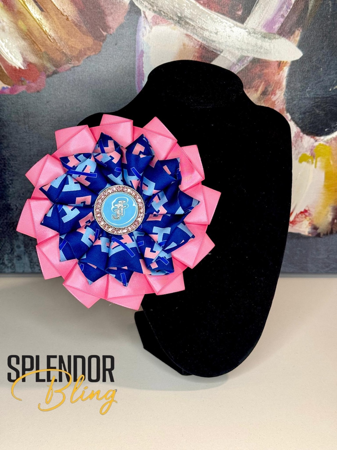 JJOA Pink and Navy JJ Fabric Flower Brooch With Interlocking JJ Center ...