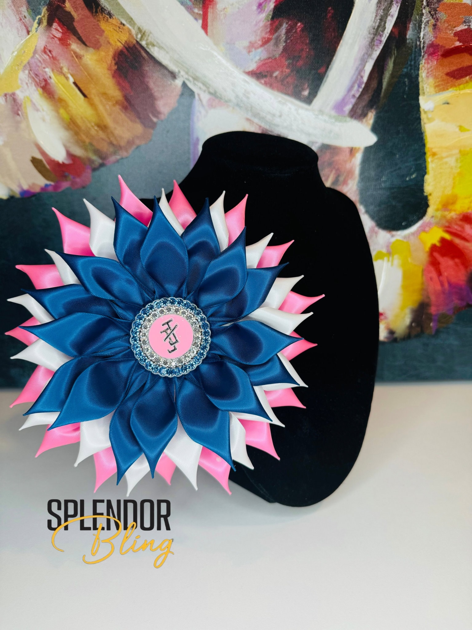 JJOA Navy/white/pink Satin Kanzashi Ribbon Flower Brooch With ...