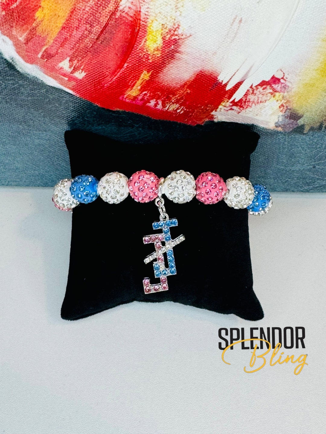 Pink/white/blue Sparkle Bead Bracelet With Rhinestone Interlocking JJ ...