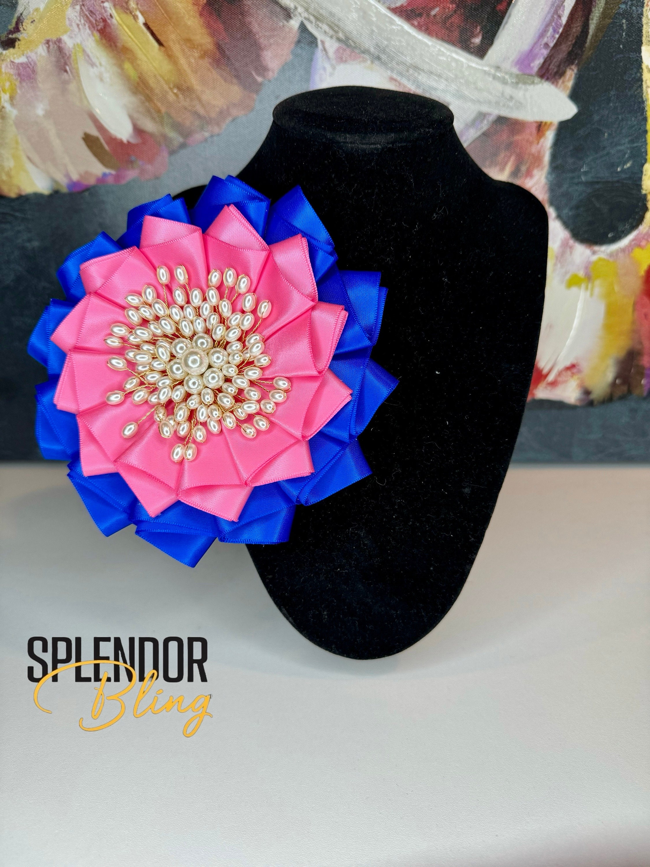 JJOA Pink and Bright Blue Oversized Statement Flower Brooch With ...