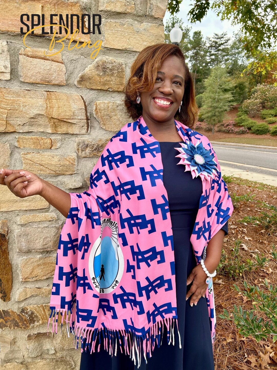 JJOA - Pink W/navy Interlocking JJ Print Pashmina Shawl With Color Seal ...