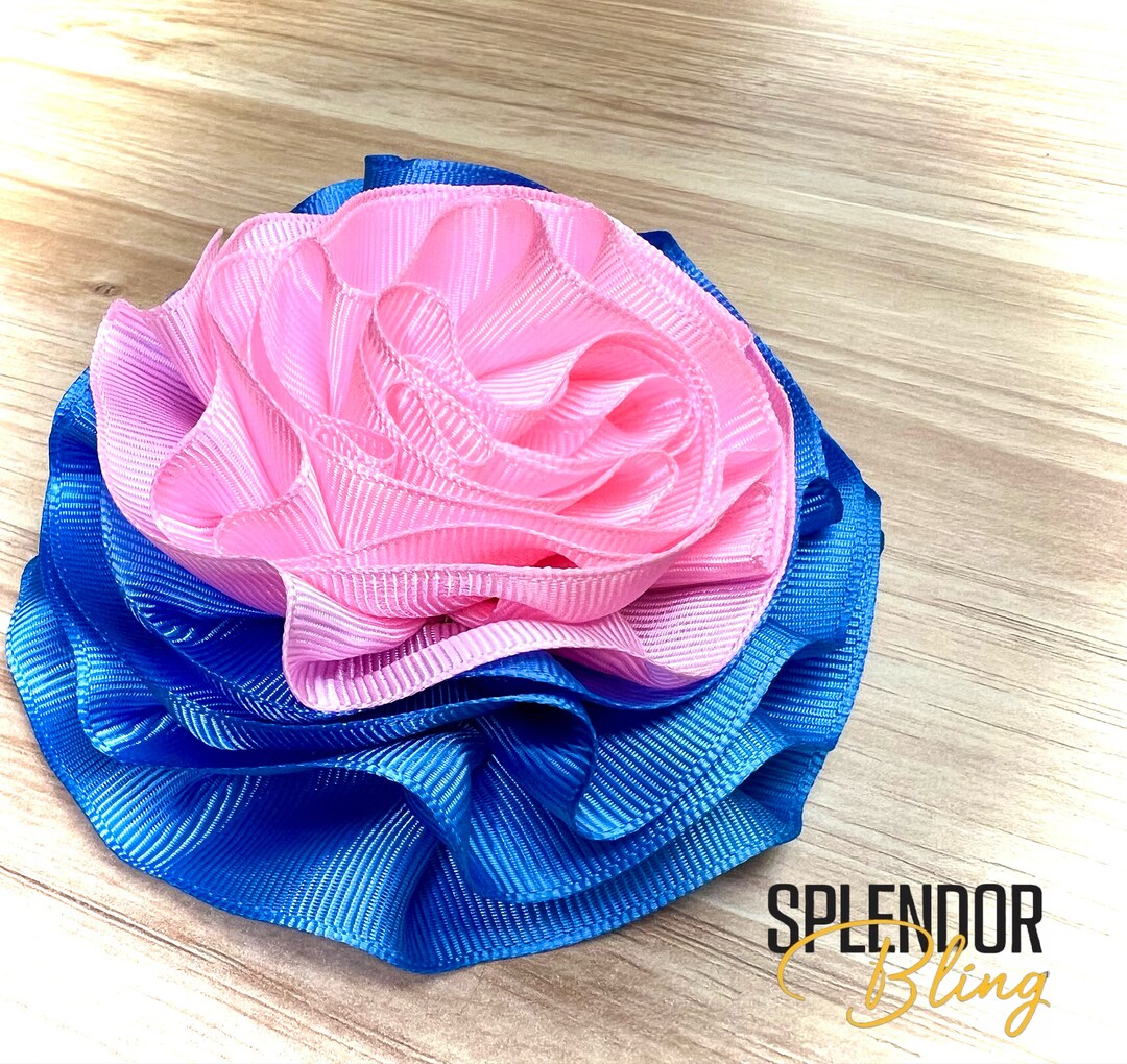 JJOA Medium Blue & Pink Grosgrain Ribbon Ruffle Flower Brooch - Jack ...