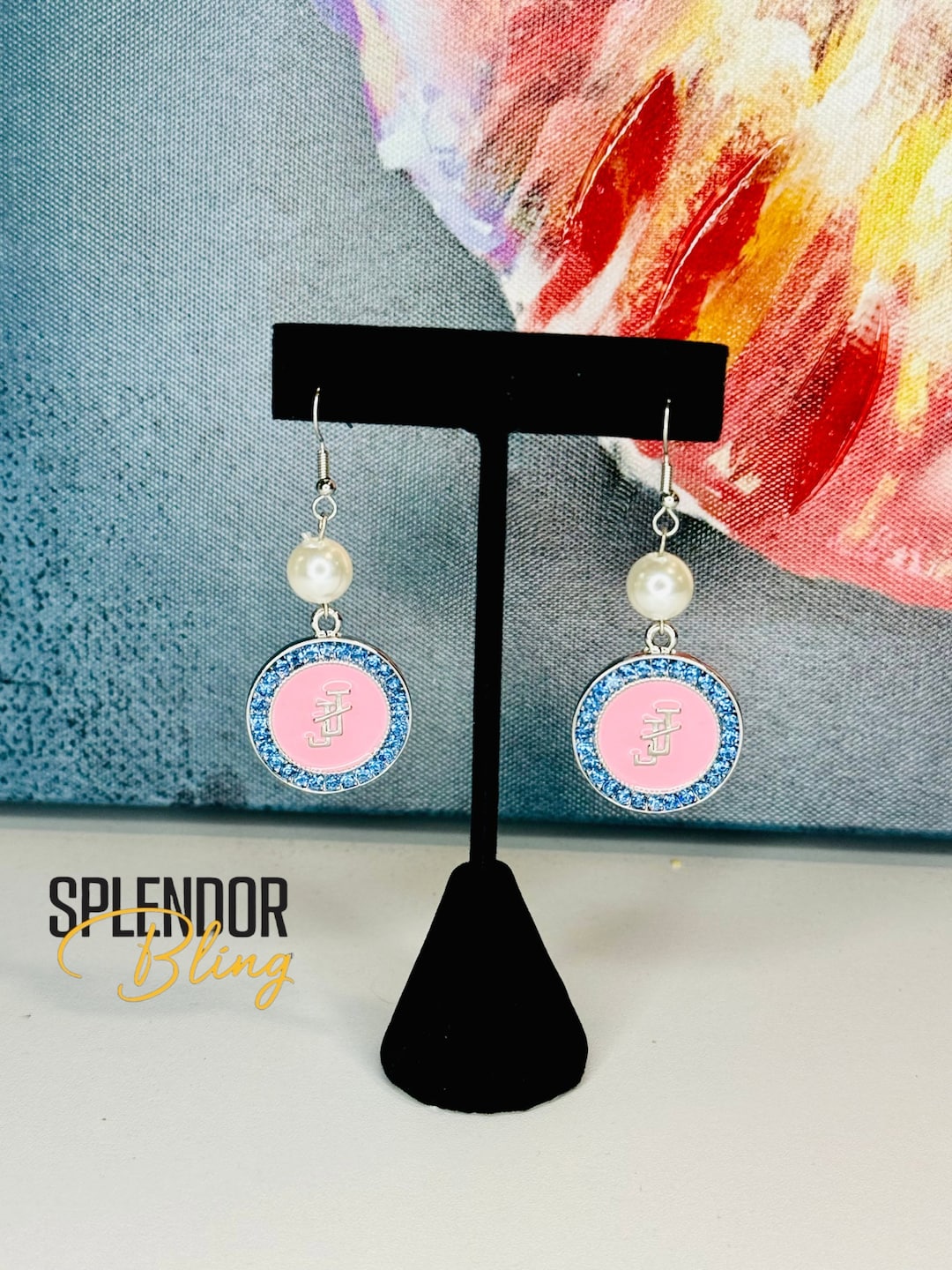 JJOA Pink Enamel, White Pearl and Blue Rhinestone JJ Logo Earrings - Etsy