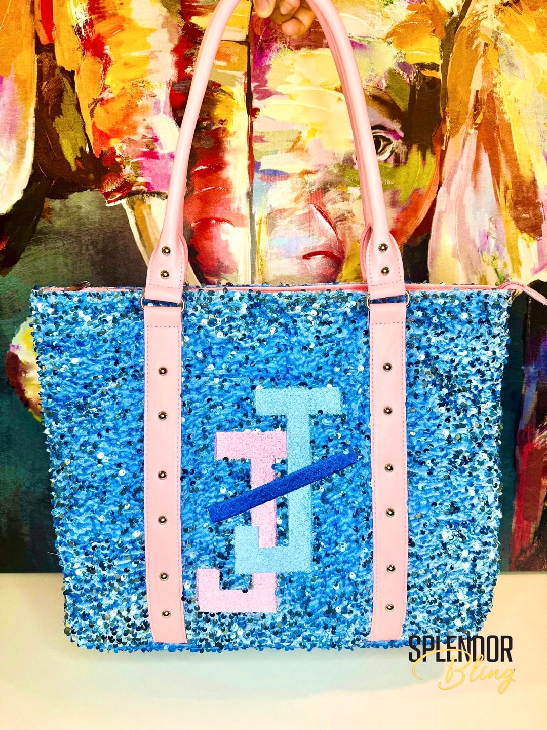 JJOA Blue Sequin Tote Bag With Pink Straps — Jack and Jill of America ...
