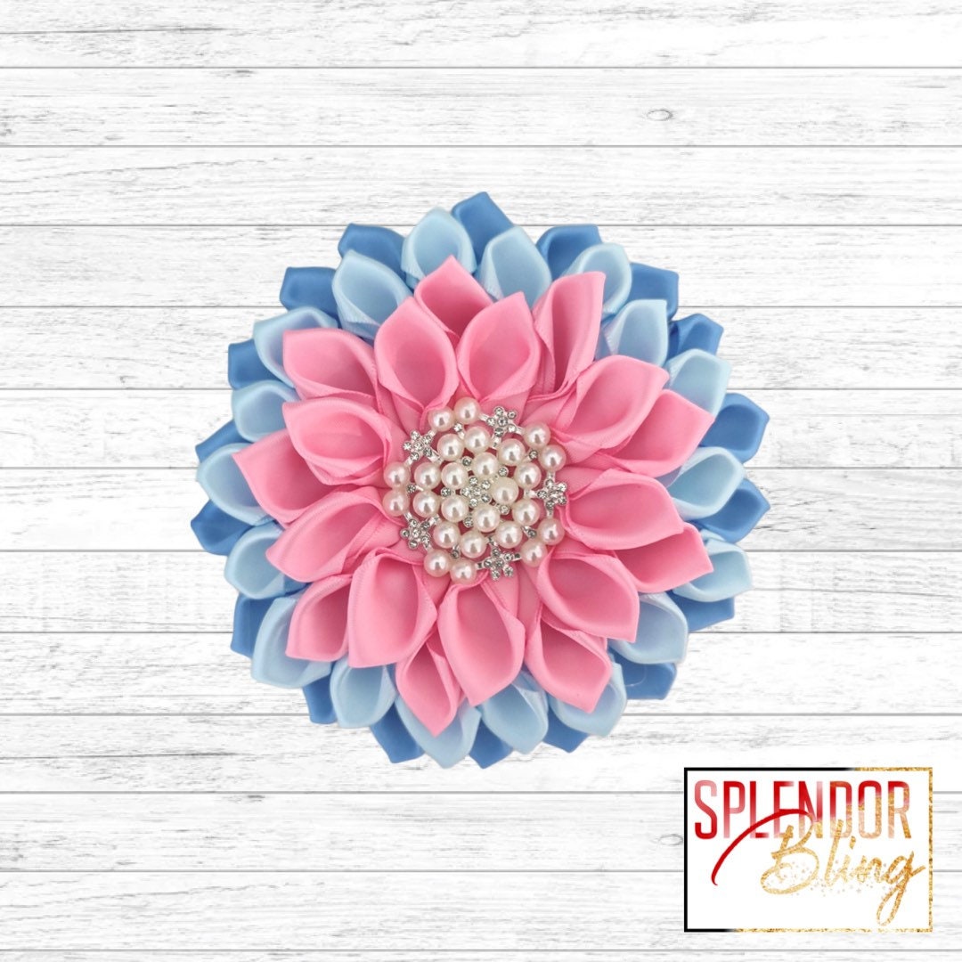 JJOA Pink Light Blue Medium Blue & Pearl Satin Flower Brooch - Etsy