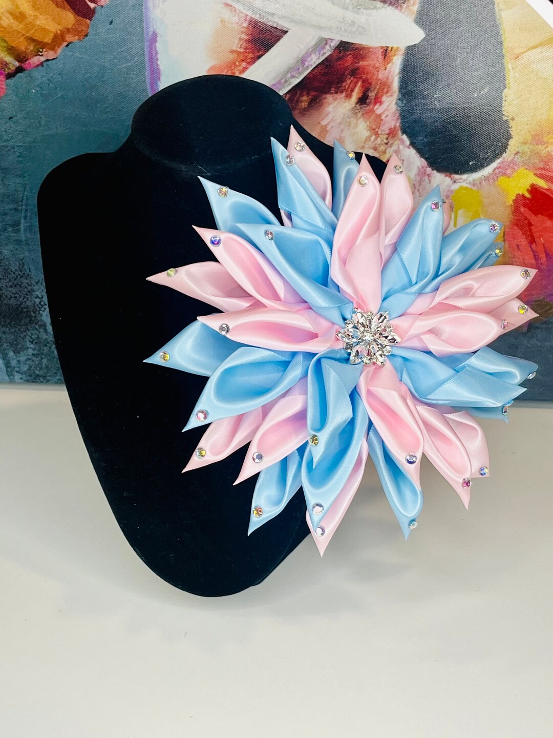 JJOA Pink and Blue Satin Kanzashi Flower Brooch With Crystal Center and ...