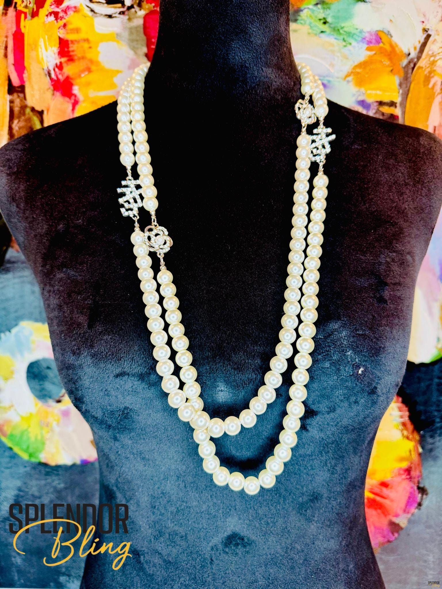 JJOA Protocol Perfect Rhinestone JJ and Rose 65” Long Pearl Necklace ...