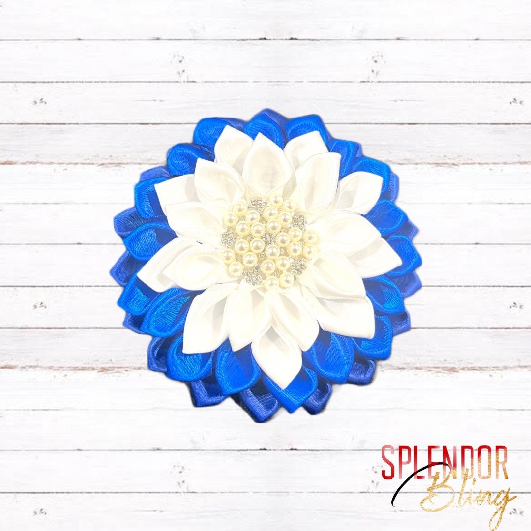 CLOSEOUT ZETA Inspired Royal, Blue & White Pearl Satin Sorority Flower ...