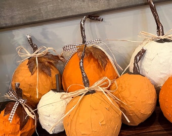 Pumpkin Patterned Paper Mache Pumpkins, Pumpkin Decor, Large Pumpkin ...