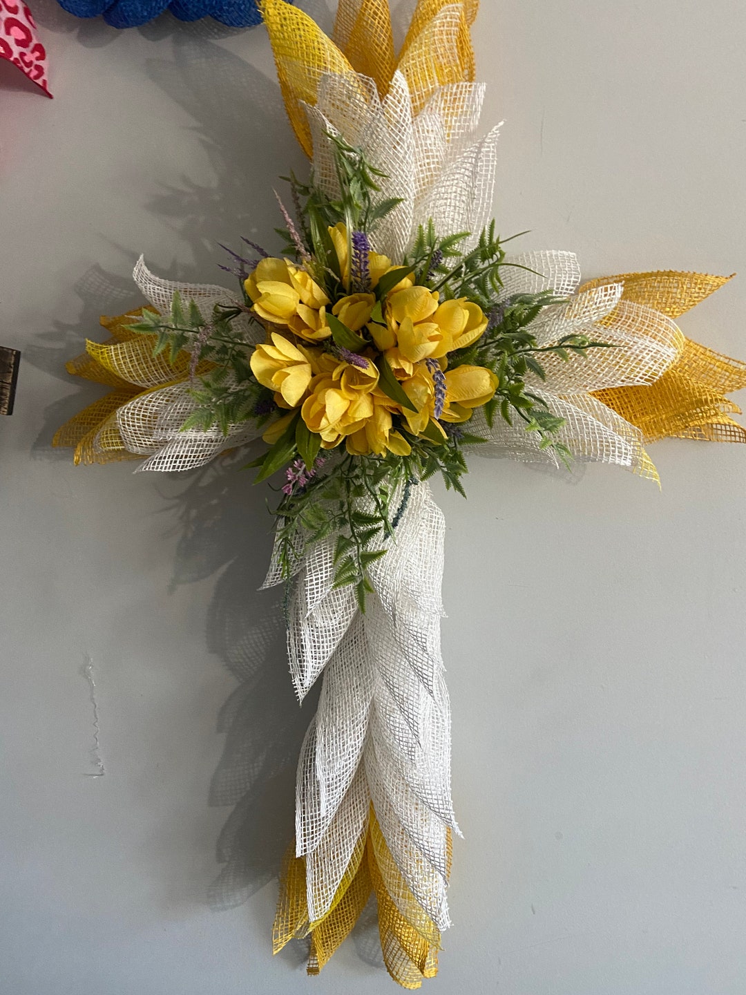 Easter Cross Tulip Wreath, Handcrafted With Poly Burlap Mesh and Yellow ...