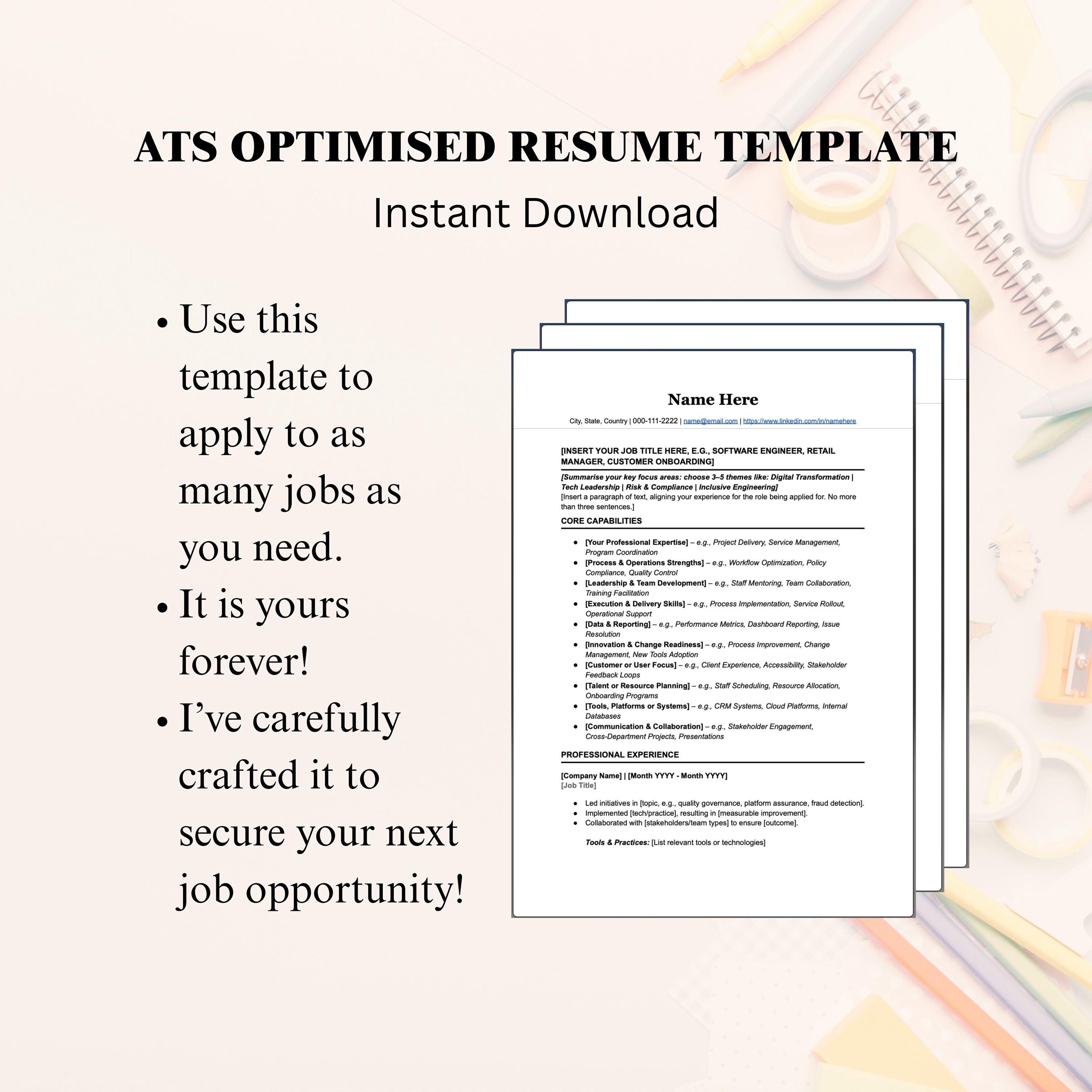 ATS Friendly Resume Template Microsoft Word & Google Docs, Minimalist ...
