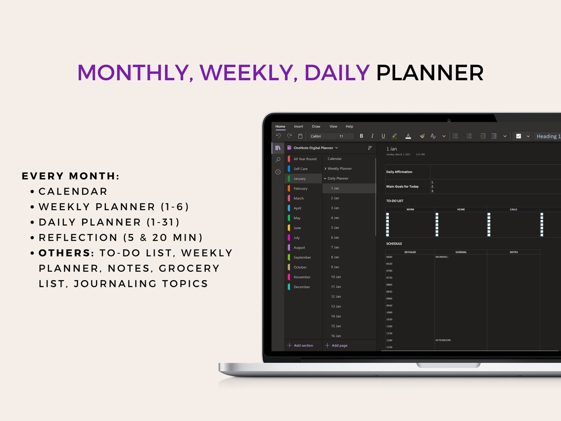 Dark Mode Onenote Planner Daily Planner Digital Onenote | Etsy UK
