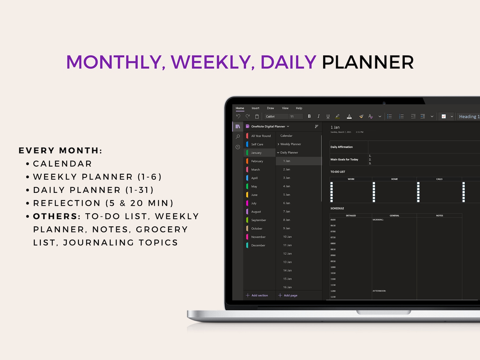 Dark Mode Onenote Planner Daily Planner Digital Onenote | Etsy UK
