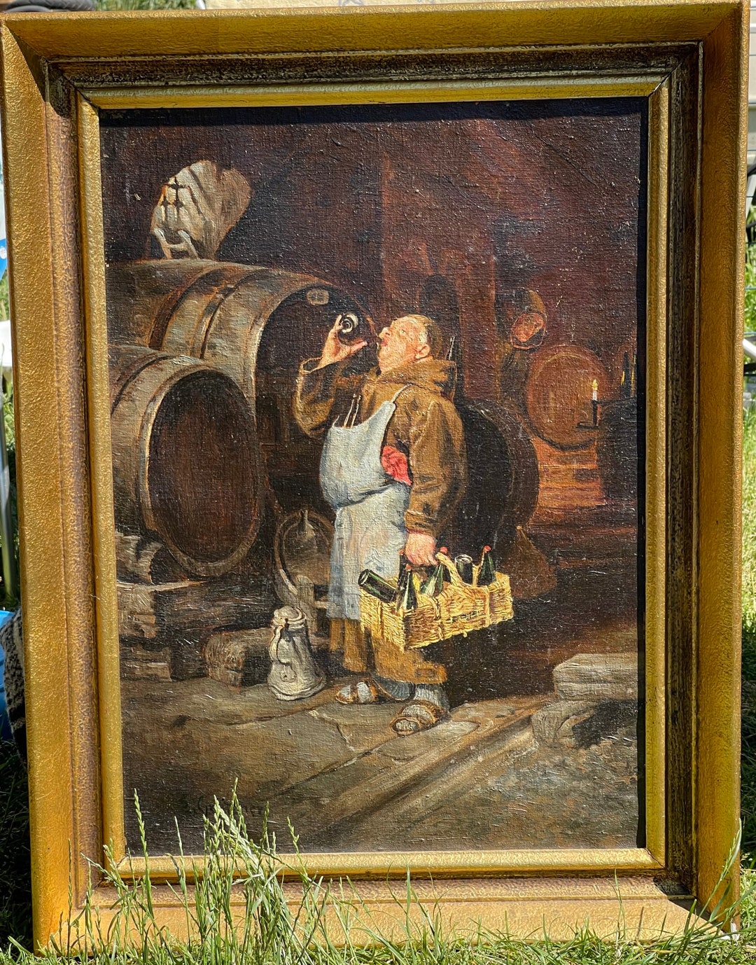 Painting Eduard Von Grützner Picture Frame Monk Wine Cellar Beer Cellar ...