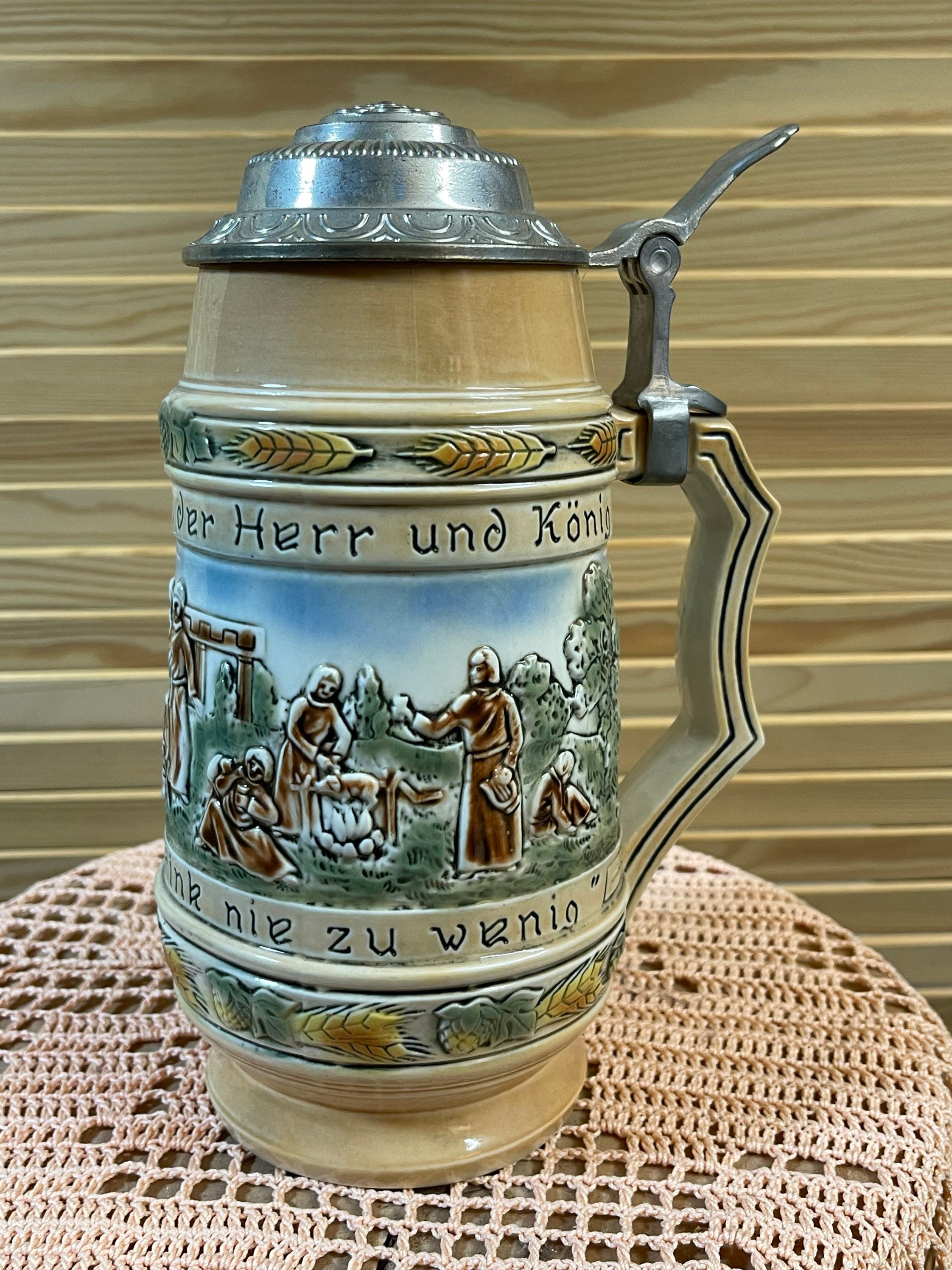 Beer Mug Seidel Humpen Gambrinus Tin Lid Heavy Vintage Historicism Clay ...