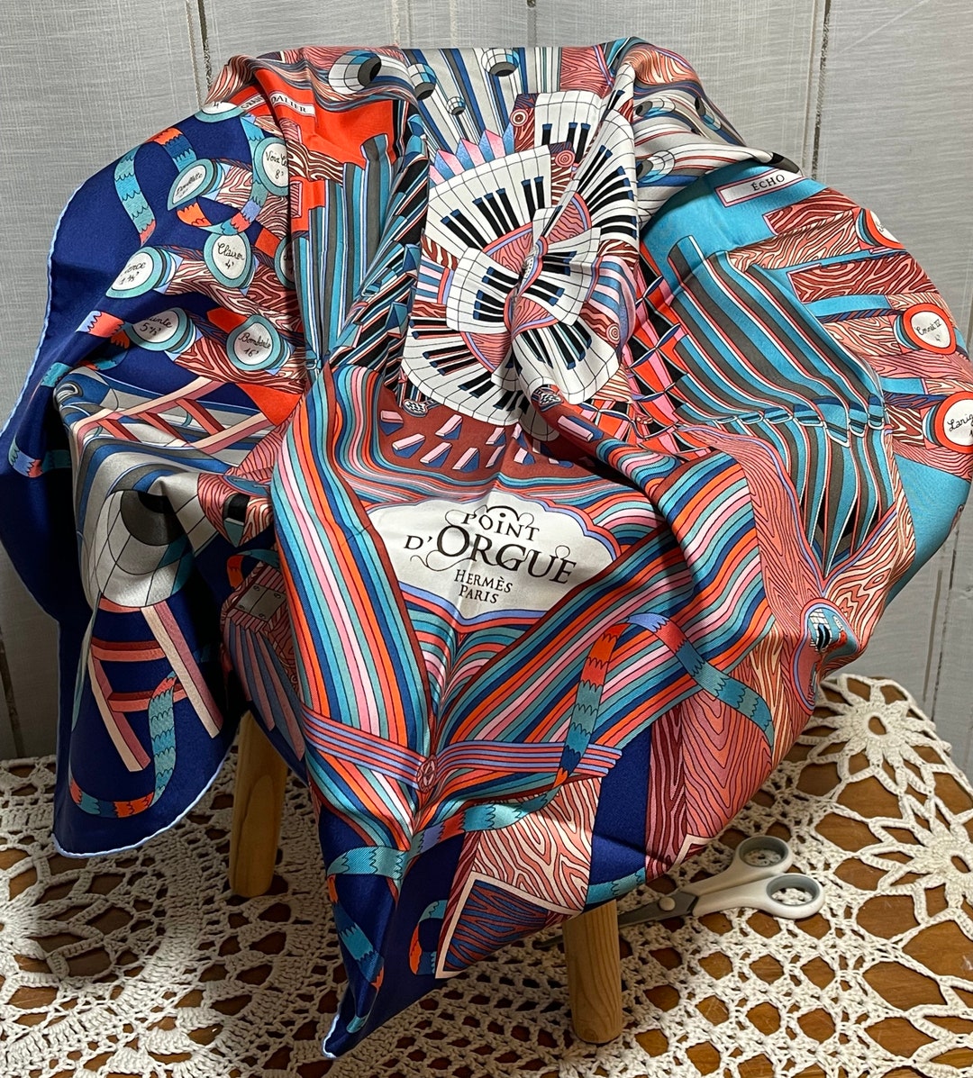 Hermes Paris Point D'orgue Pierre Marie Silk Scarf Classical Church Music Fine Art Light Blue ...