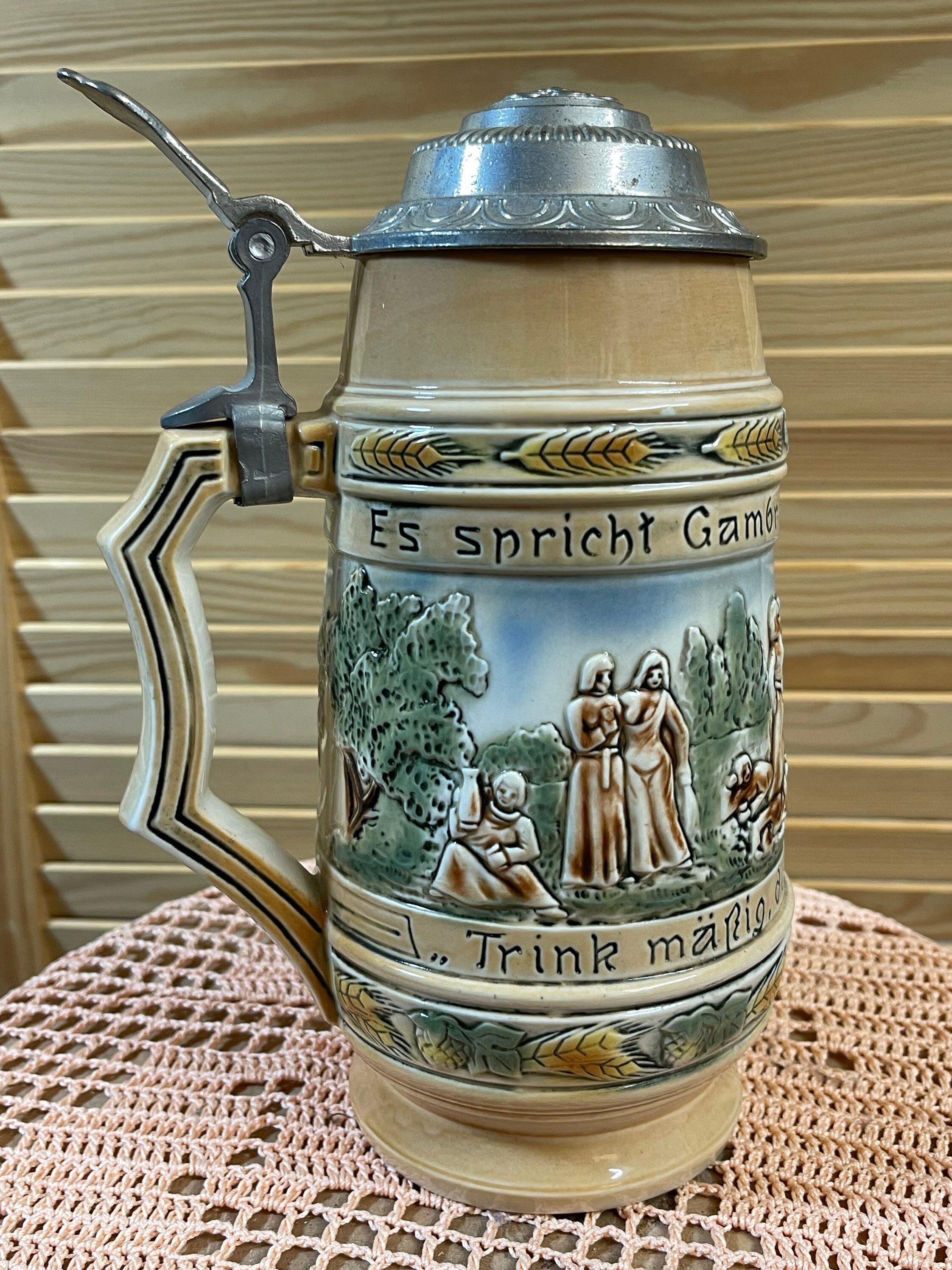 Beer Mug Seidel Humpen Gambrinus Tin Lid Heavy Vintage Historicism Clay ...