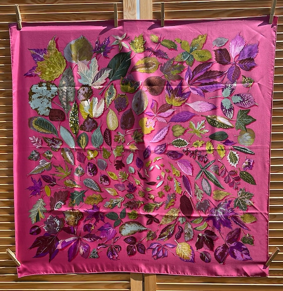 Hermes Paris silk scarf cloth pink leaves trees tourb… - Gem