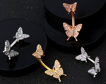 Blue CZ Butterfly Belly Button Ring/navel Jewelry/belly Jewelry/belly Piercing/navel Piercing ...