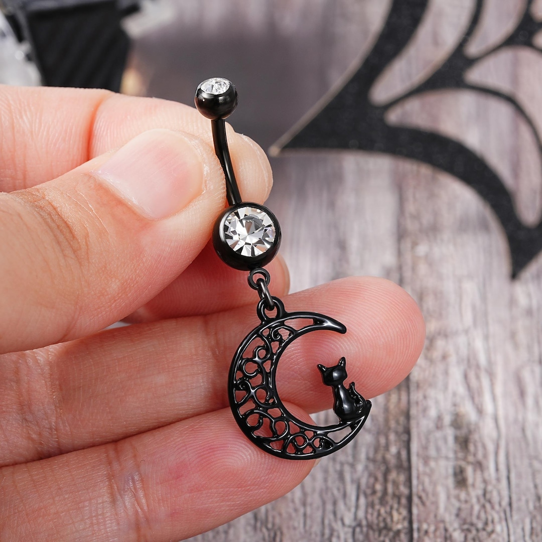 14G Halloween Moon Cat Belly Button Ring/dangle Navel Ring/belly Ring ...