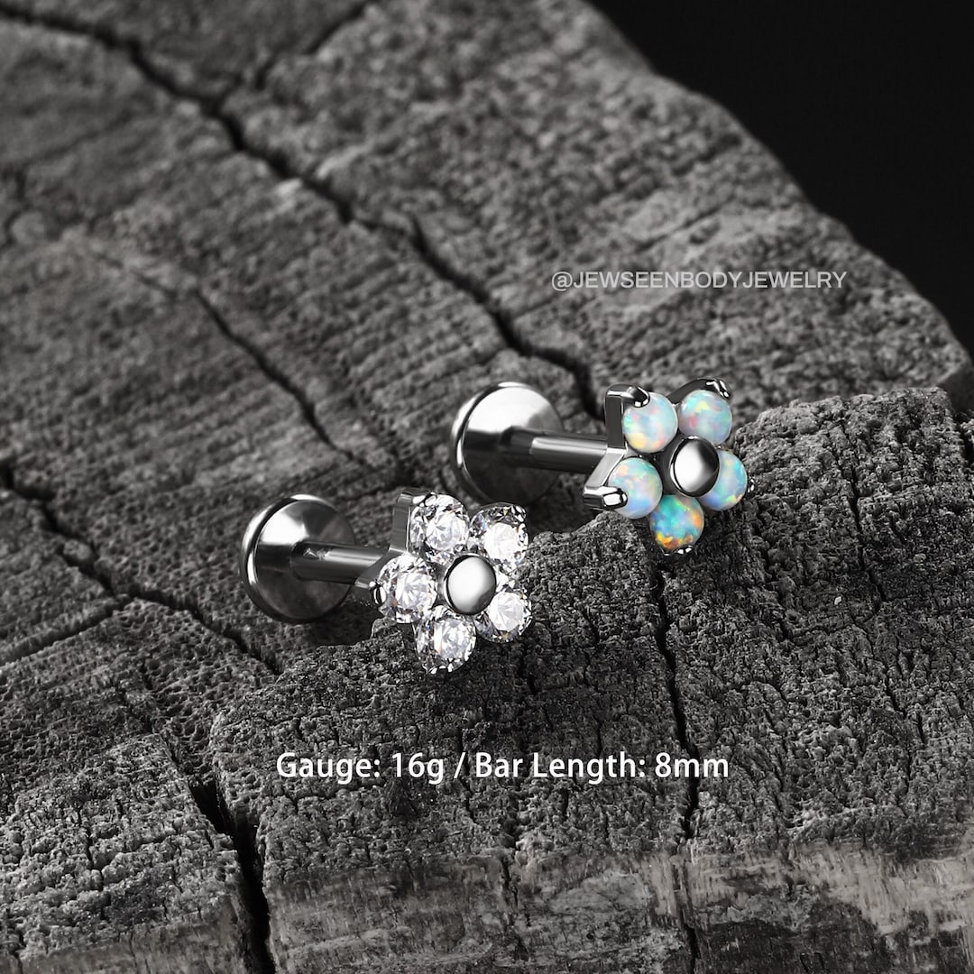 Titanium Flat Back Earrings/ Flower Cartilage Stud/ Top in Push ...