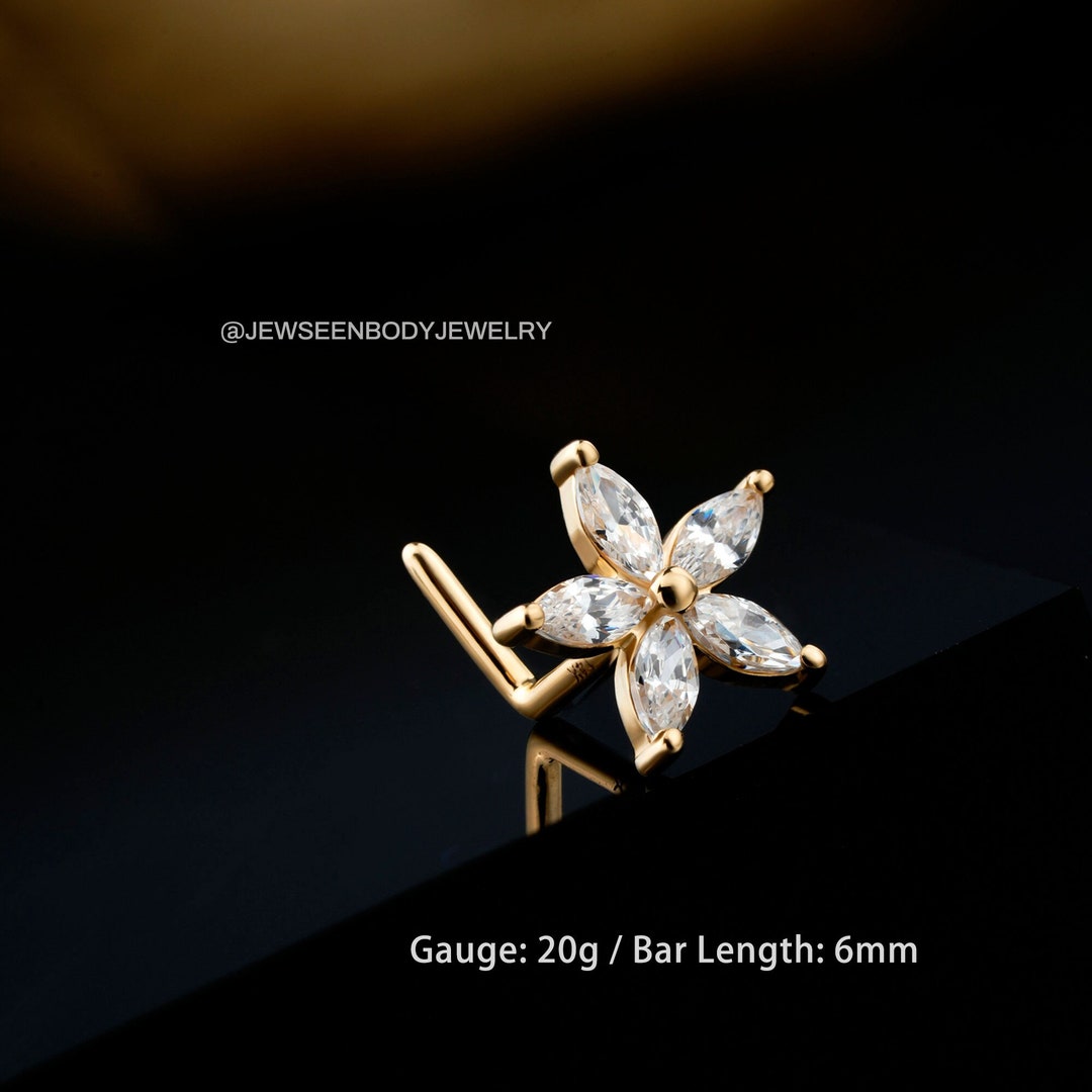 14K Gold Flower Nose Stud: CZ Nostril Piercing - Etsy