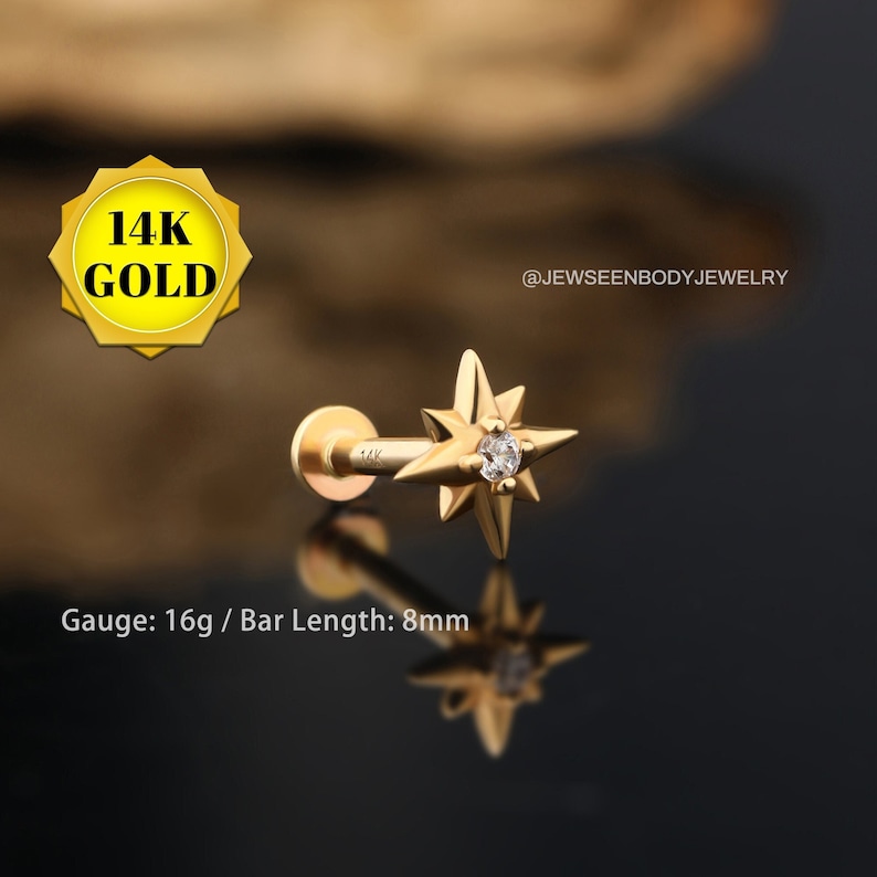 14K Gold 16G Tiny Star Flat Back Labret/eight Pointed Star Tragus ...